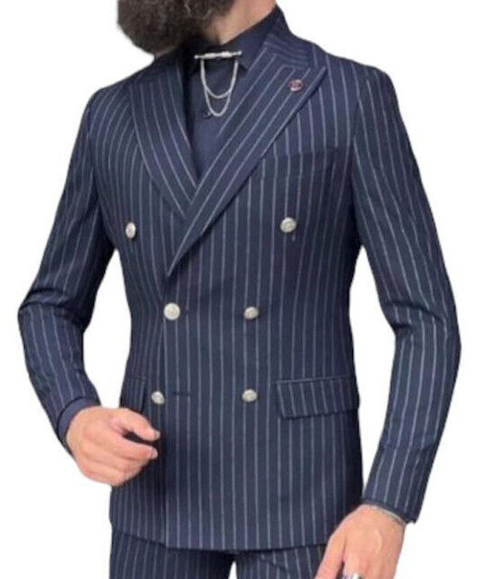 Designer Two Rows of Buttons Suit Blue Pinstripe Royal Buttons Slim Fit ...