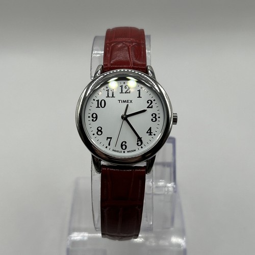 Timex Watch Women 30mm Silver Tone Indiglo Red Leather Band NEW BATTERY ...
