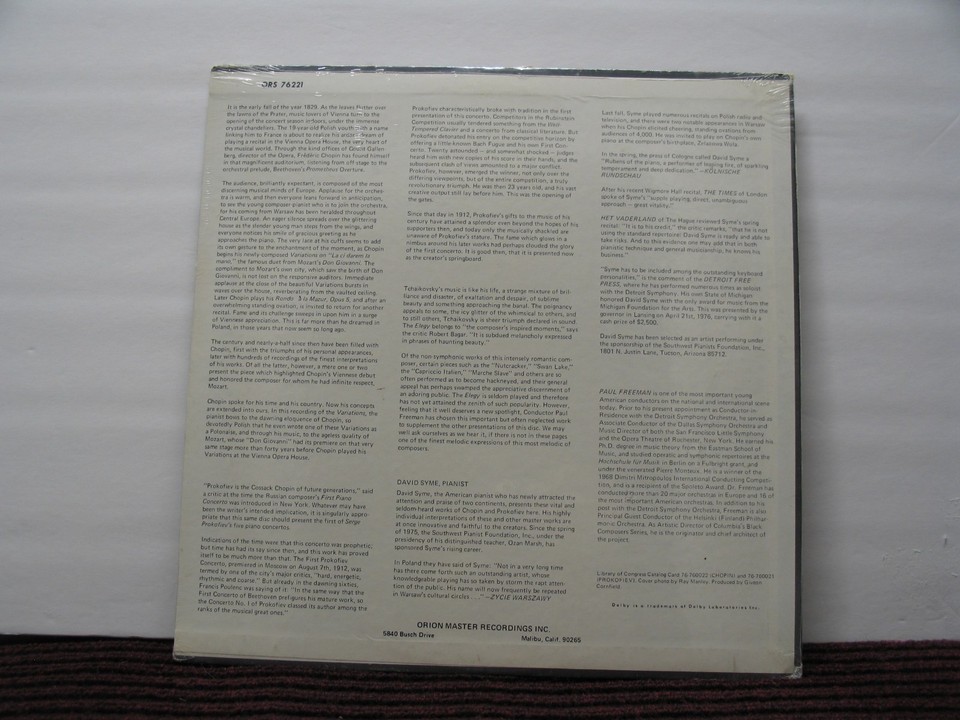 DAVID SYME PIANIST 33 RPM PAUL FREEMAN CONDUCTOR CHOPIN PROKOFIEV ORION ...