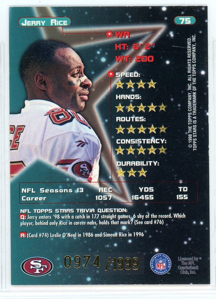 1998 TOPPS STARS JERRY RICE GOLD FOIL SP Card #75 Ser#974/1999 | eBay