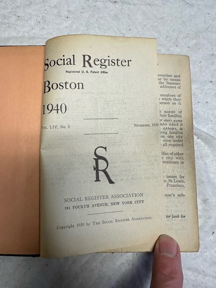 Vintage Book - Social Register Boston MA. Mass. 1940 Edition Hardcover ...