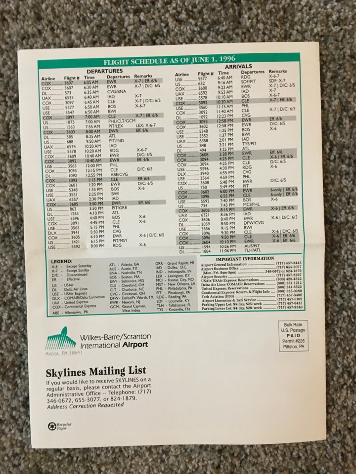 Wilkes Barre Scranton Airport Skylines Magazine/Flight Schedule June 1 ...
