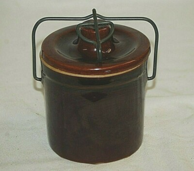 Vntage Brown Glazed Stoneware Butter Cheese Crock Wire Bail Latch ...