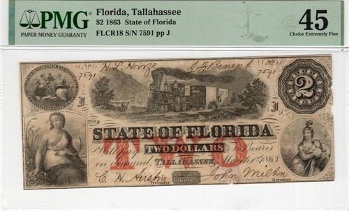 FL CR-18 1863 $2 Florida Paper Money - PMG Choice Extremely Fine 45 | eBay