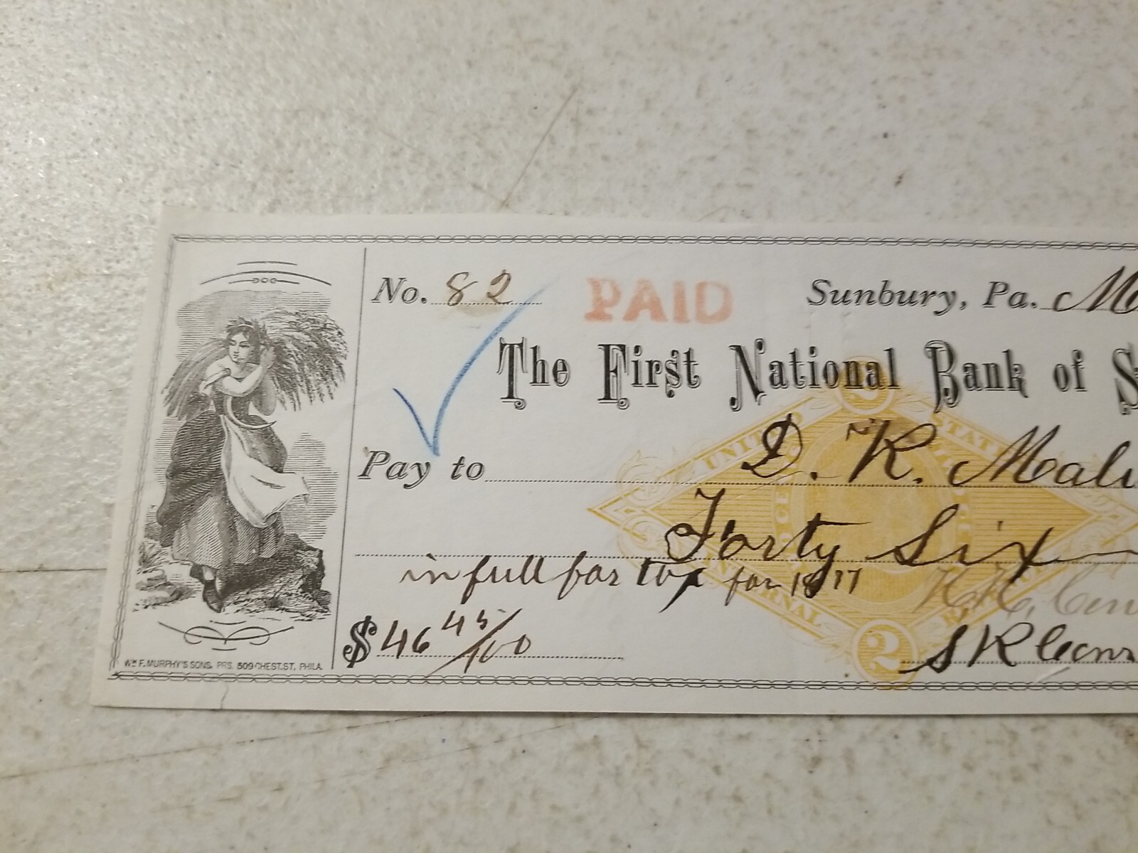Vintage 1878 First National Bank of Sunbury PA Check | eBay