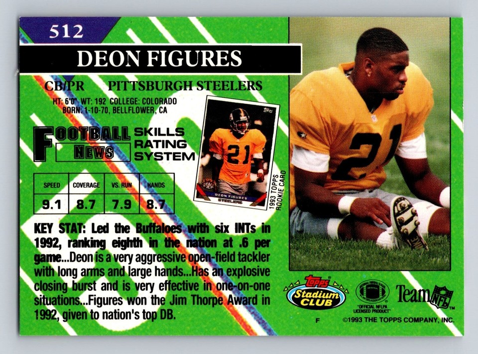 DEON FIGURES 1993 TOPPS STADIUM CLUB #512 RC 1ST DAY ISSUE PITTSBURGH ...