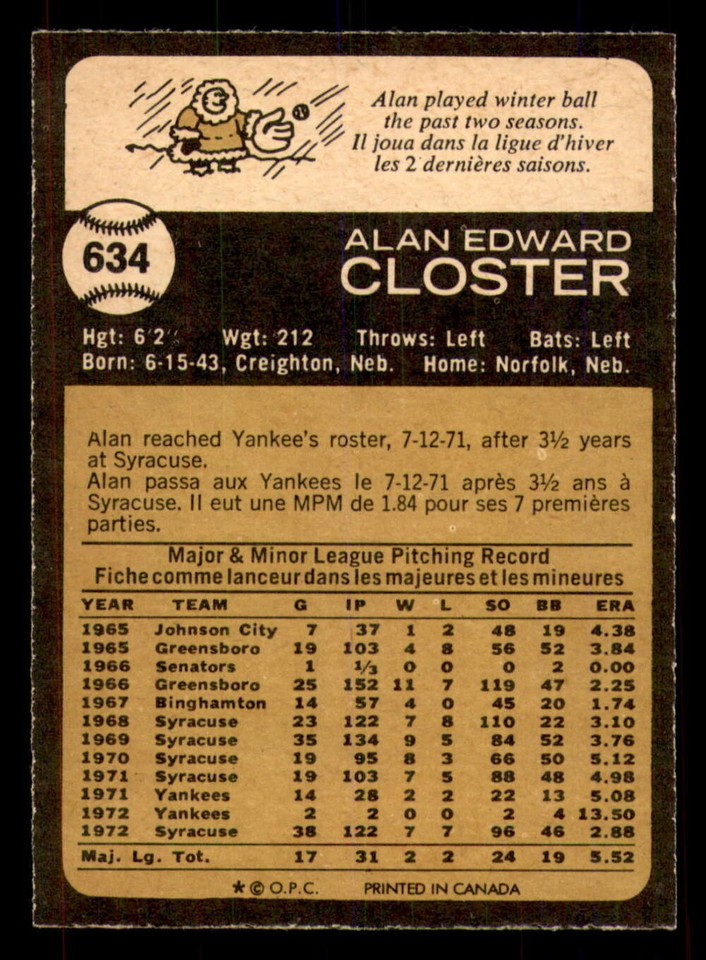 1973 O-Pee-Chee #634 Alan Closter Near Mint Yankees OPC ID:352811 | eBay
