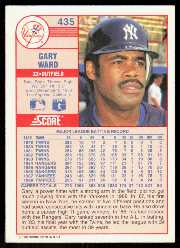 1989 Score 435 Gary Ward New York Yankees | eBay