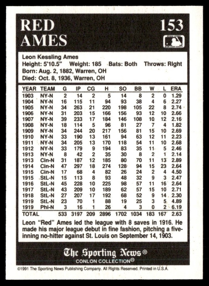 1991 Conlon Collection TSN Red Ames St. Louis Cardinals #153 | eBay