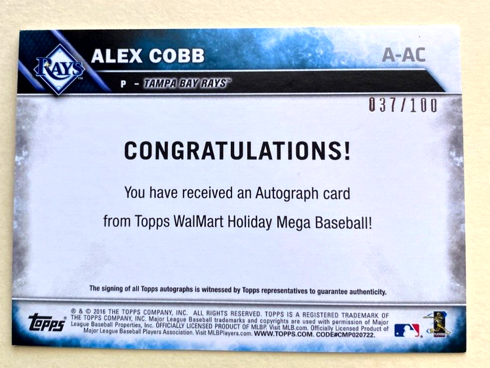 ALEX COBB 2016 TOPPS WALMART HOLIDAY MEGA AUTO CARD A-AC TAMPA BAY RAYS ...