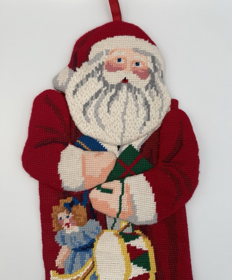 Vintage Wool Needlepoint Santa Christmas Stocking – 3D Details, 21.5 ...