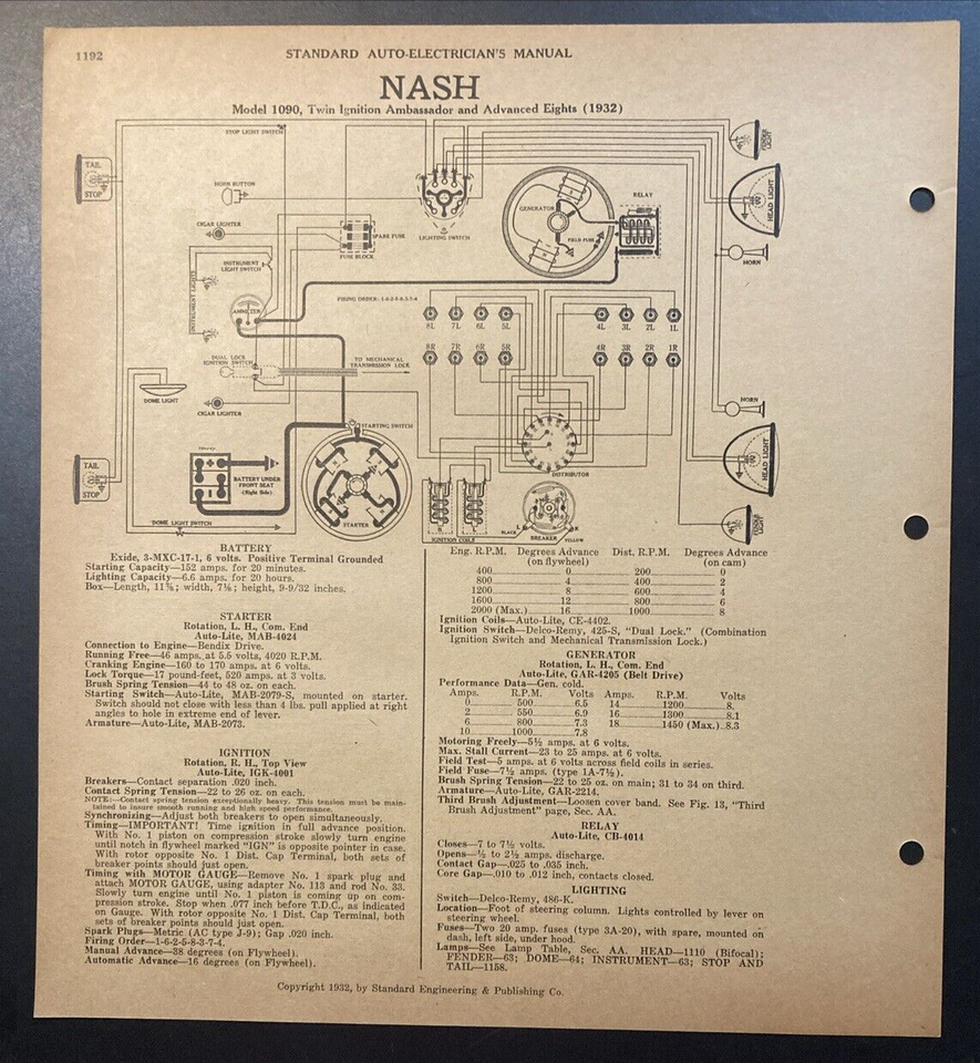 1932 Nash Model 1080 1932 Nash Model 1090 Auto Electrical Schematic | eBay