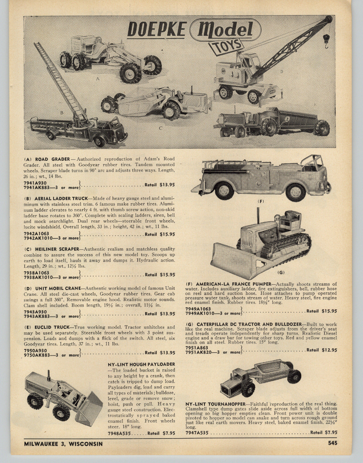 1953 PAPER AD Doepke Model Toy Road Grader Heiliner Truck Structo ...