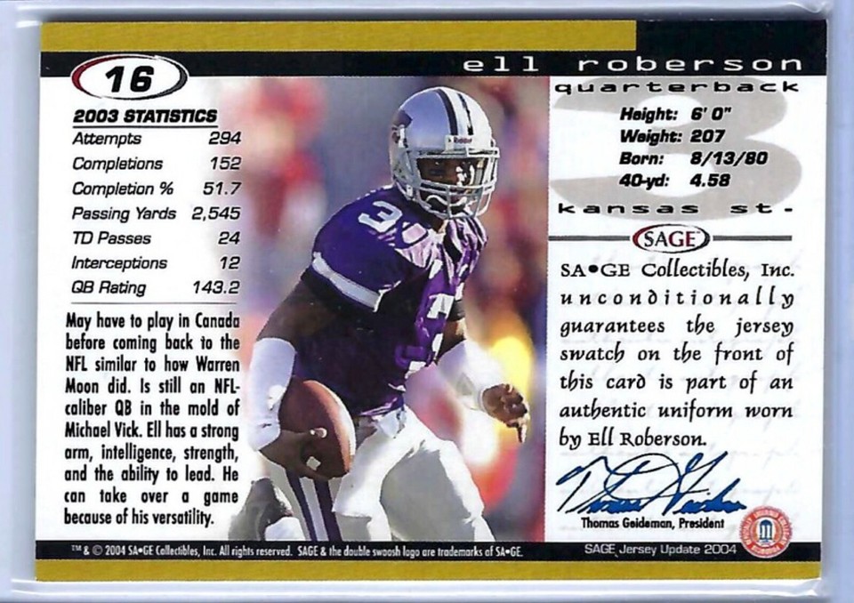 2004 SAGE Jersey Update - #16 - Ell Roberson (Kansas State Wildcats ...