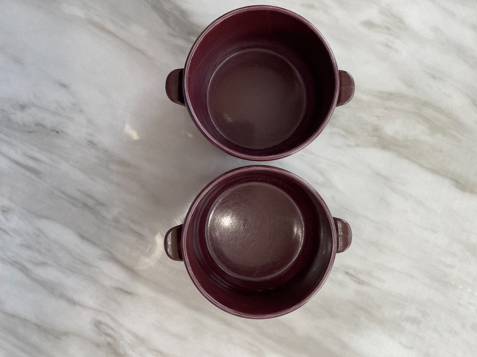 set of two aladdin temp rite diminsions burgandy soup bowls/cups with ...