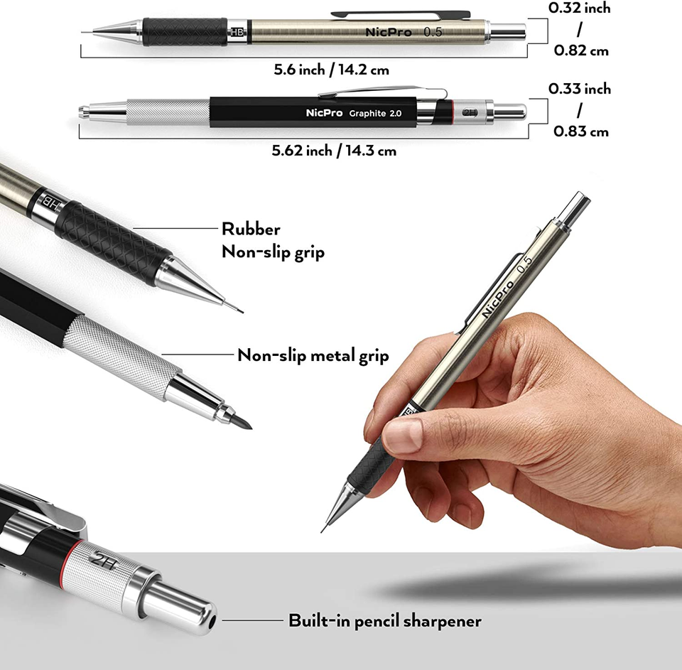6pcs Art Mechanical Pencil Set with Lead Refills Case, Metal Drafting ...