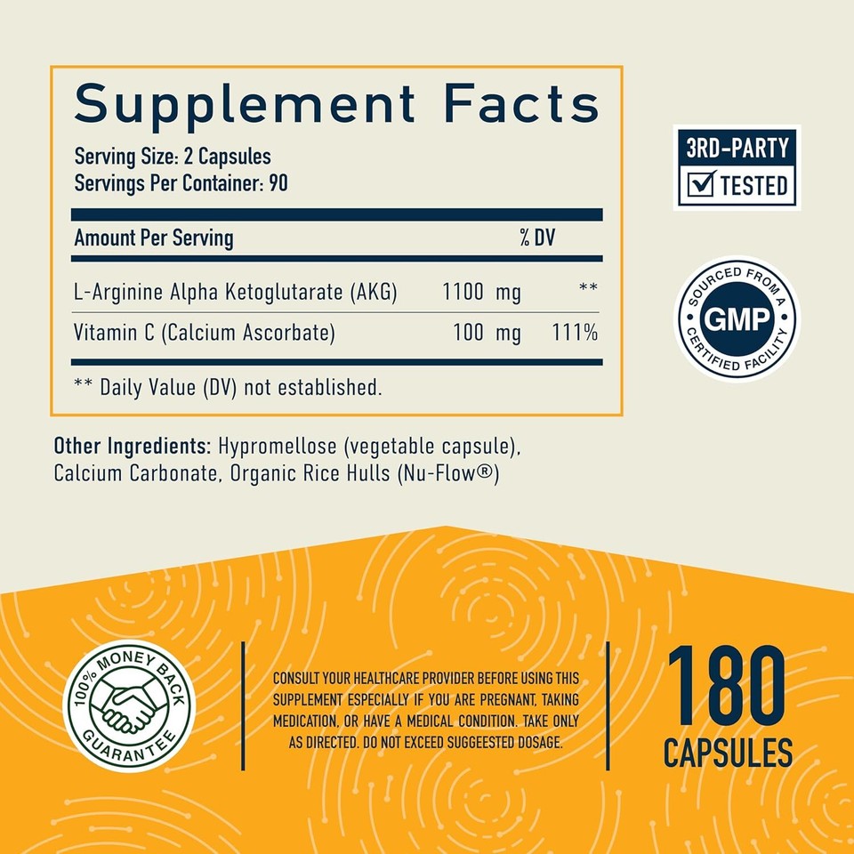 AKG Supplement | 1,100MG per Serving | 180 Capsules | Alpha ...