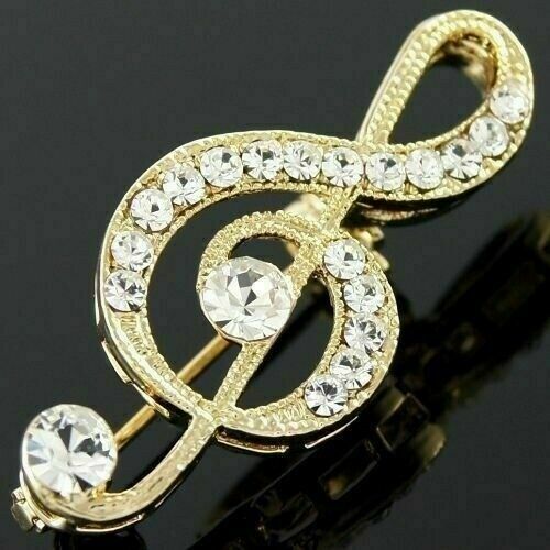 #P20J 3.7cm Treble Clef Music Note Scarf Brooch Pin Clear Crystal Gold ...