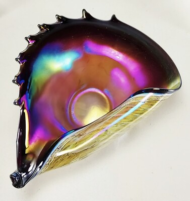 Vintage Krosno Jozefina Iridescent Art Glass Conch Shell Bowl Made In ...