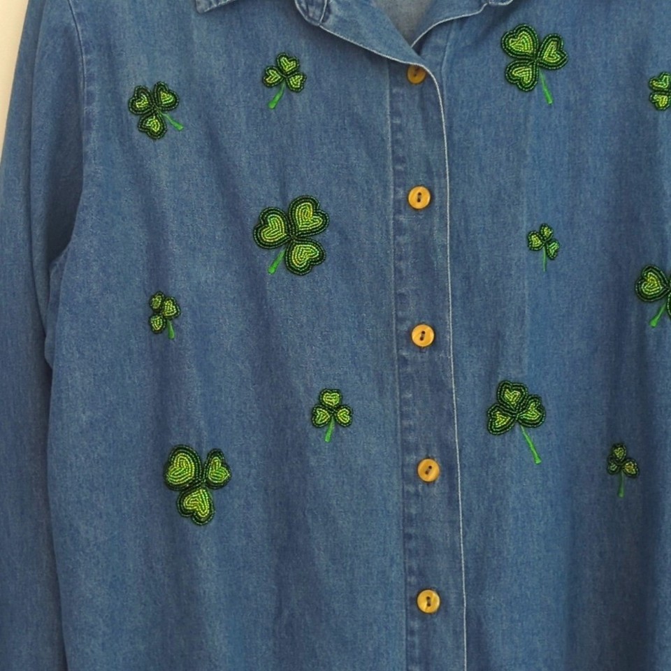 Vintage Embroidered Denim Button Down Shirt with Green Beaded Clover | eBay