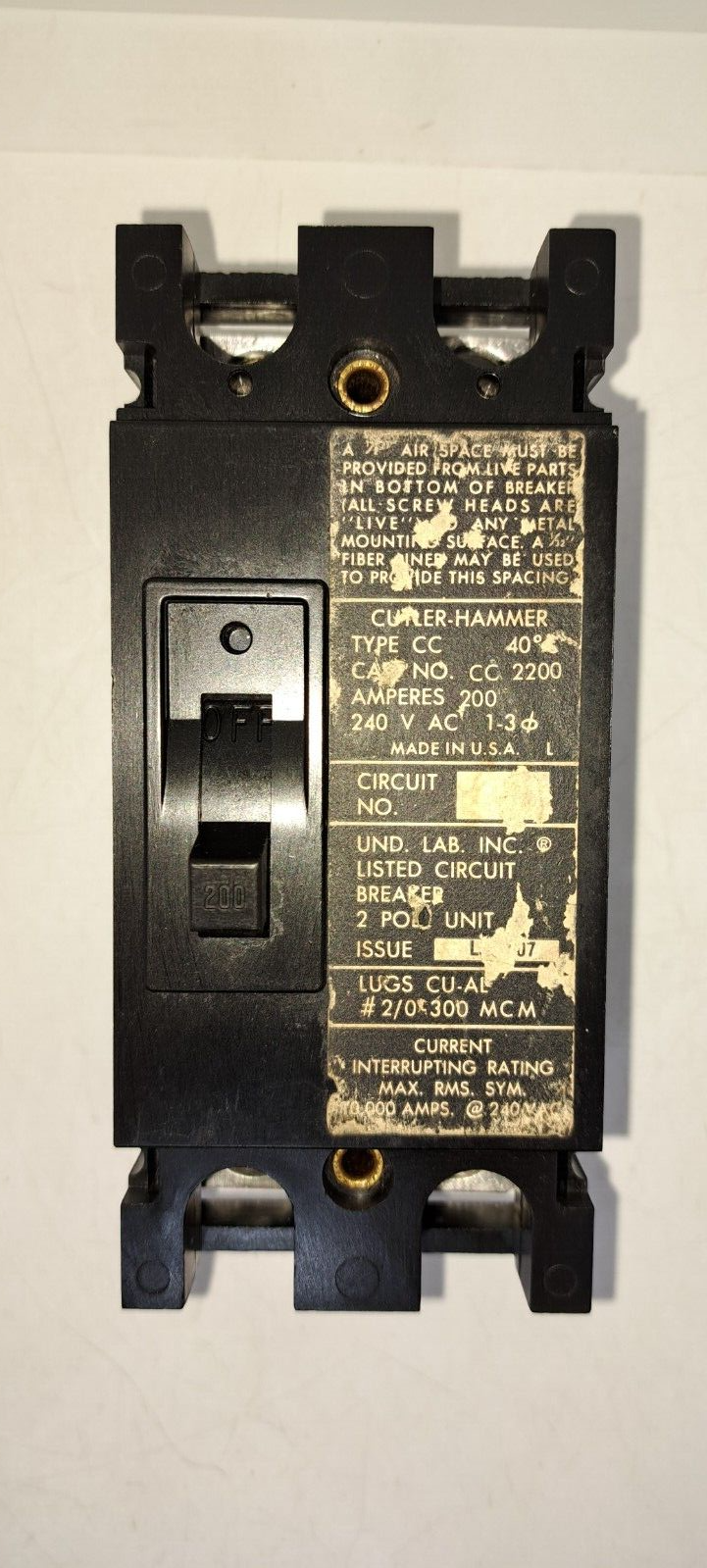 Cutler Hammer Eaton CC2200 200 Amp 2 Pole 240V MAIN CIRCUIT BREAKER | eBay