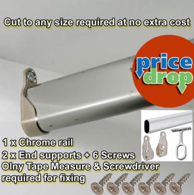 WARDROBE RAIL OVAL CHROME HANGING RAILS 300mm-1700mm FREE END SUPPORTS ...