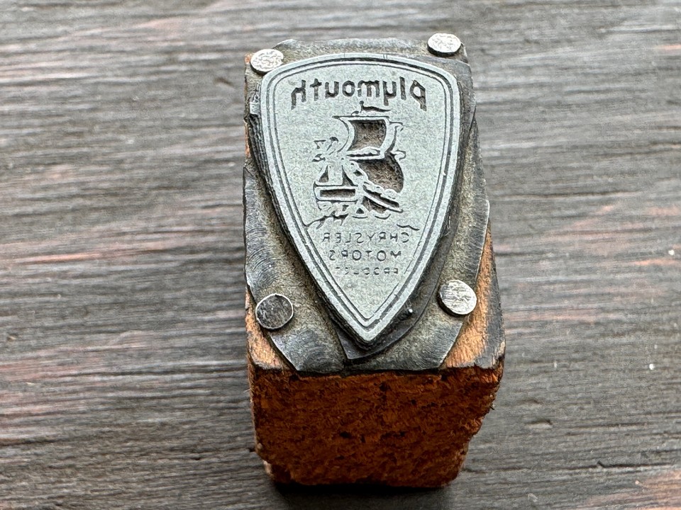 Antique all metal PRINTING BLOCK - Plymouth Chrysler Motors logo ...