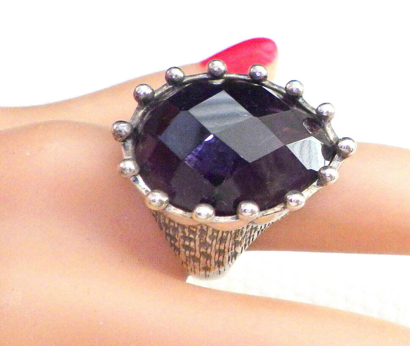 DEB GUYOT LARGE STERLING FACETED AMETHYST RING W, GRET DETAIL SHANK ...