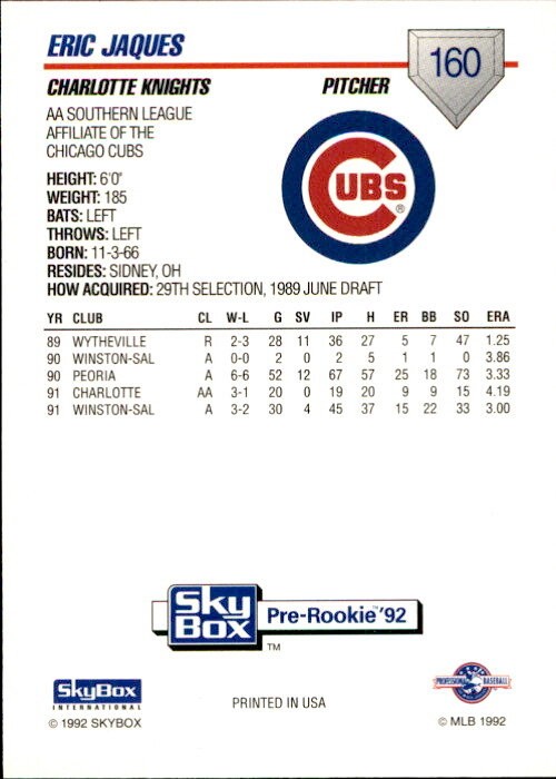 1992 Charlotte Knights SkyBox #160 Eric Jaques Sidney Ohio OH Baseball ...