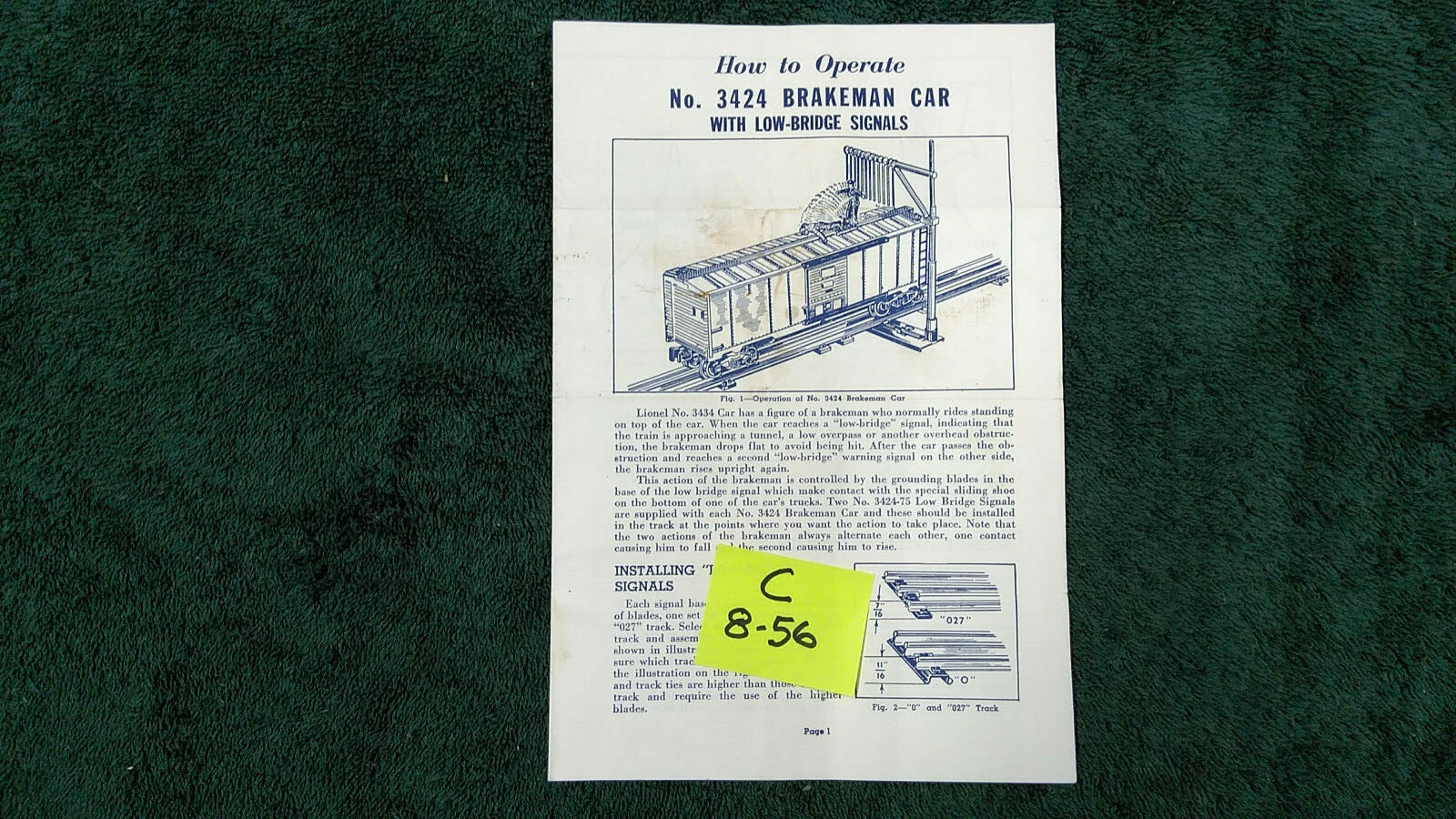 LIONEL # 3424 BRAKEMAN CAR with LOW-BRIDGE SIGNALS INSTRUCTIONS ...