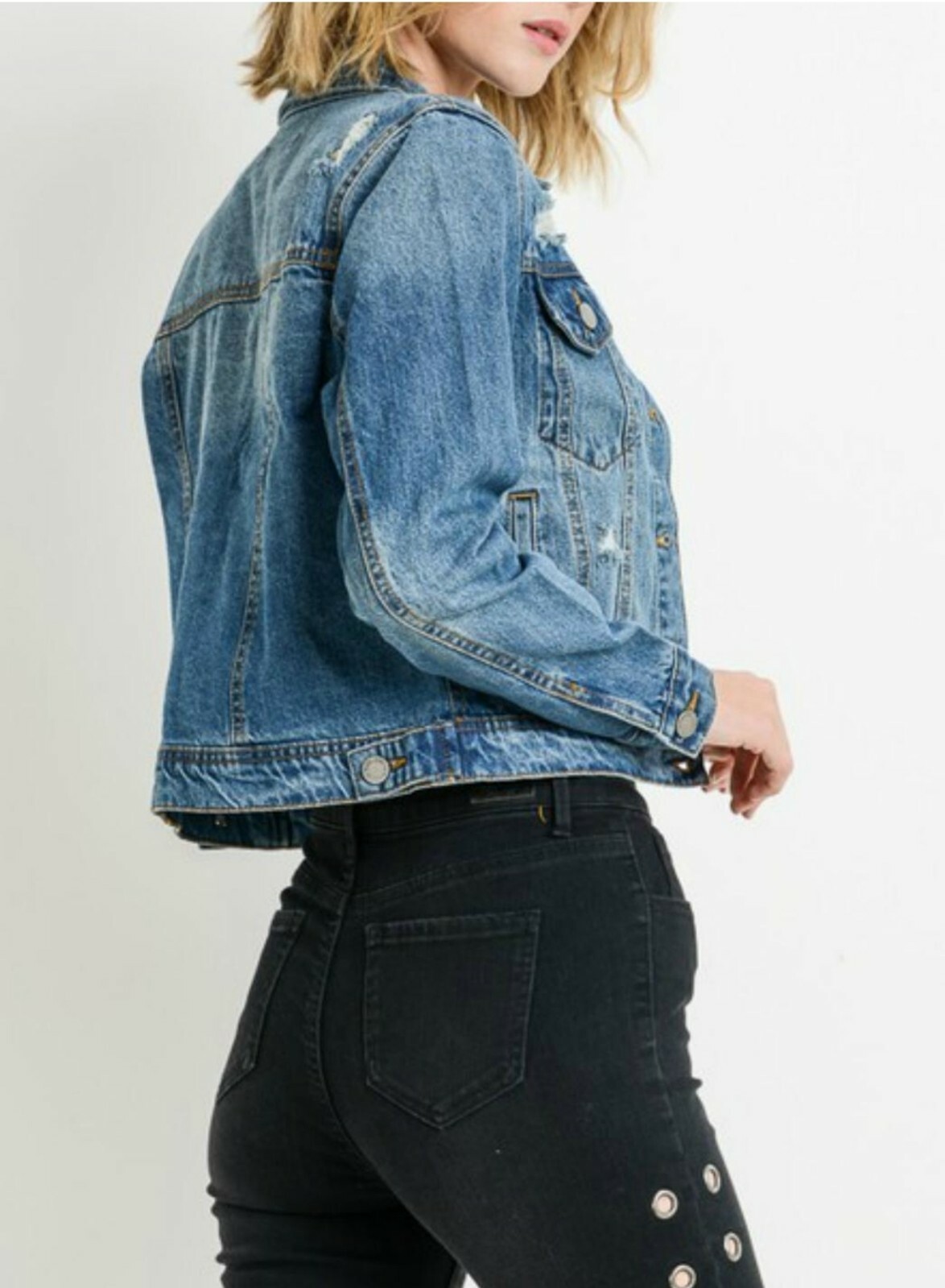Womens Denim Stonewashed Distressed Jacket Black Labe… - Gem