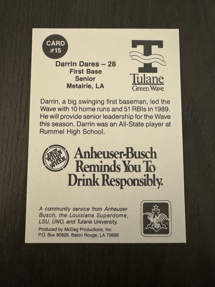 1990 McDag Anheuser-Busch Challenge Tulane Green Wave #15 DARRIN DARES ...