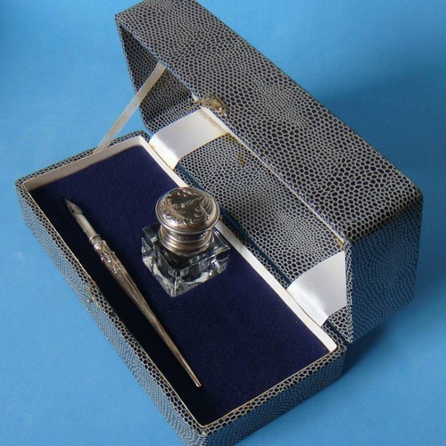 Beautiful Vintage Sterling SILVER Ornate Inkwell & Dip Pen Set in Case ...