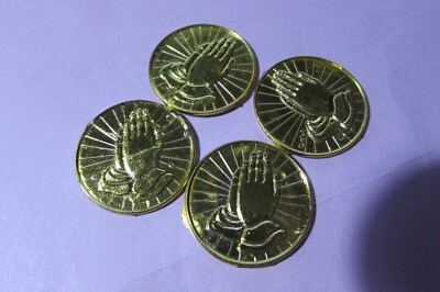 4 lightweight goldtone coins with praying hands embossed on both sides ...