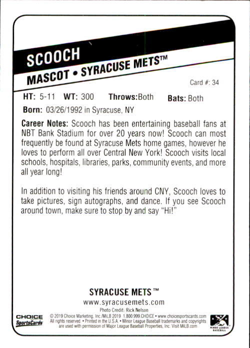 2019 Syracuse Mets Choice #34 Scooch MASCOT - NM Baseball Card | eBay