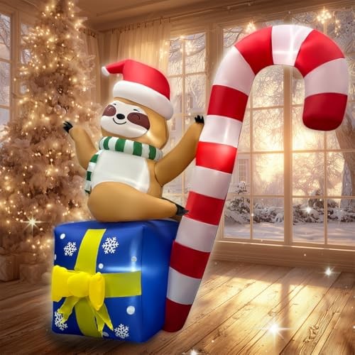 6ft Christmas Inflatable Sloth with Candy Cane Decorations Built-in LED ...