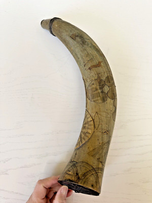 Antique 1851 Scrimshaw Powder Horn Engraved boats hunting dog bird ...