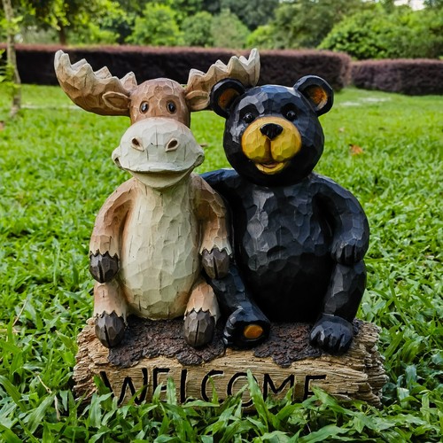 Bear and Moose Statue W/Welcome Sign Cottage Lodge Garden Decor Display ...