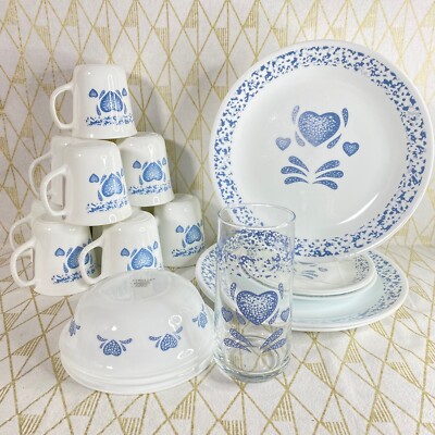 Vintage Corelle Blue Hearts ( Blue Sponge Rim ) Dinnerware - by the ...