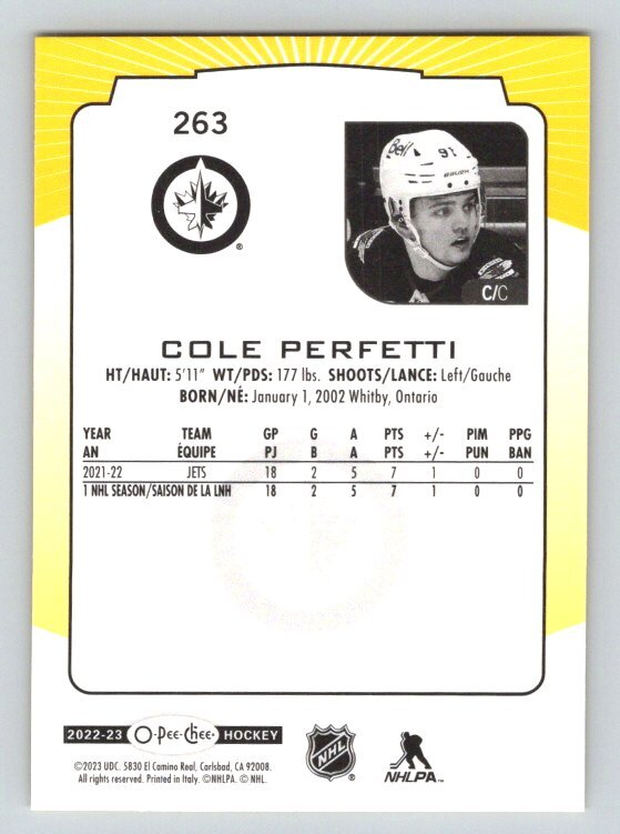 2022 UD OPC O-Pee-Chee - Yellow Border #263 Cole Perfetti - Free ...