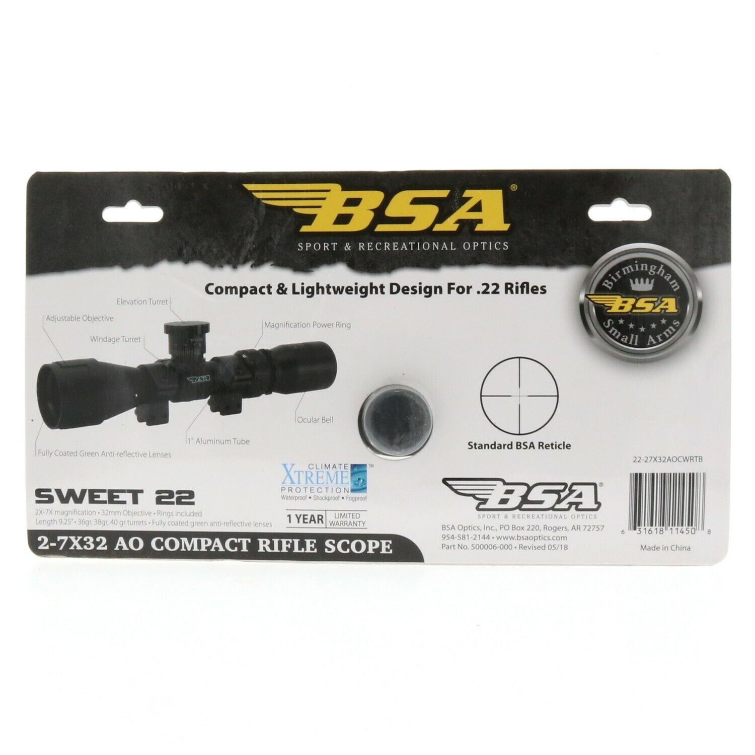 BSA Optics Sweet 22 Rimfire Scope 2-7X32mm 1" Maintube 30/30 Duplex ...