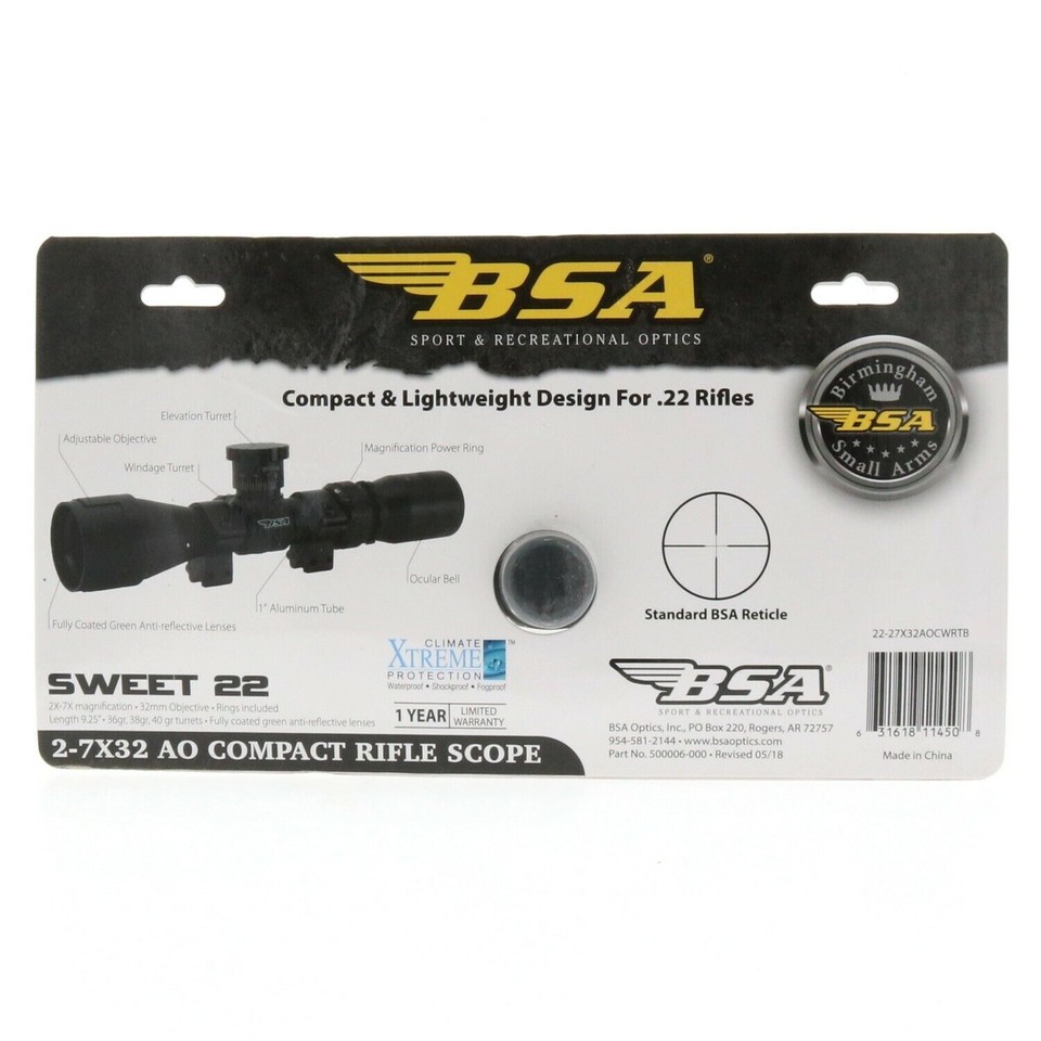 BSA Optics Sweet 22 Rimfire Scope 2-7X32mm 1" Maintube 30/30 Duplex ...