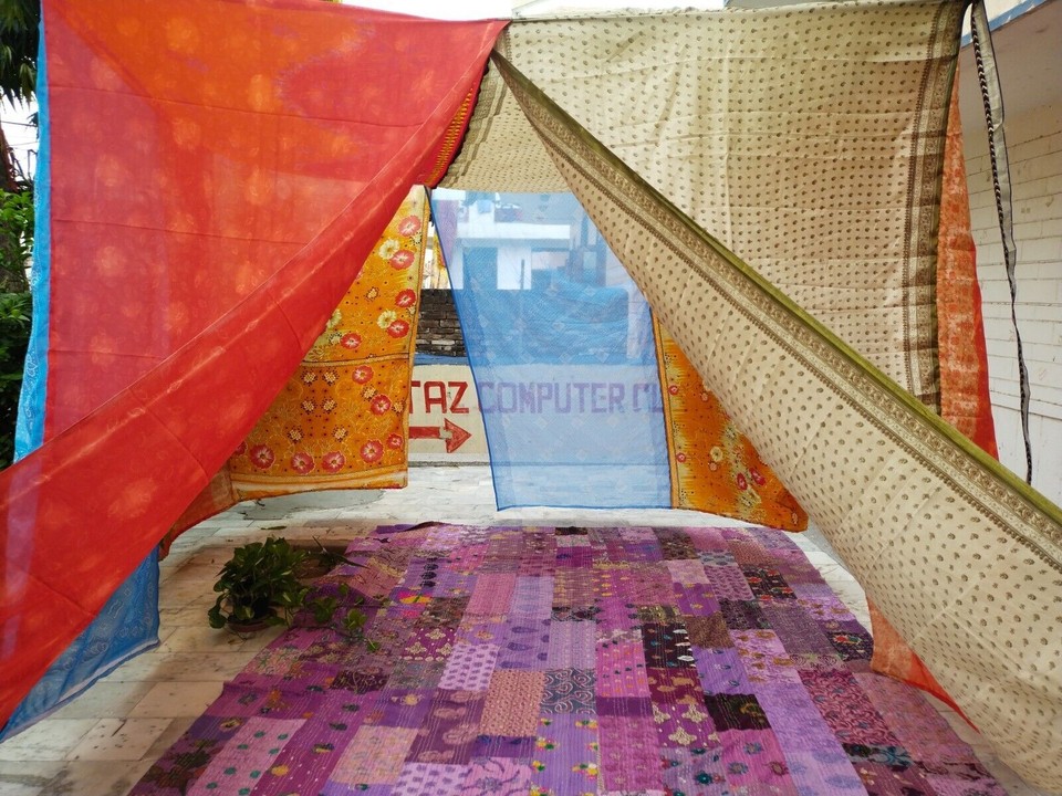 Indian Silk Sari Bed Canopy Four Post Bed Canopy Drapes Vintage fabric ...