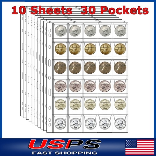 (30 Pockets) 10 Sheets Coin Binder Inserts Sleeves Collection Pages ...