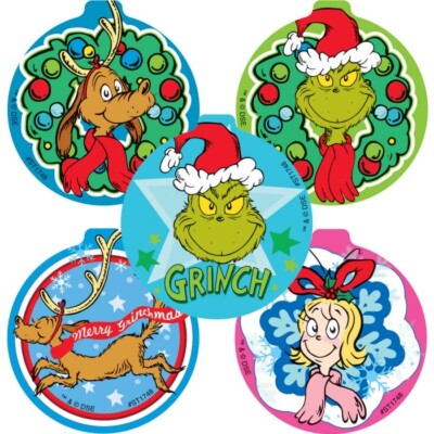 The Grinch Stickers x 5 - Grinch Dr Seuss Stickers - Birthday Party ...
