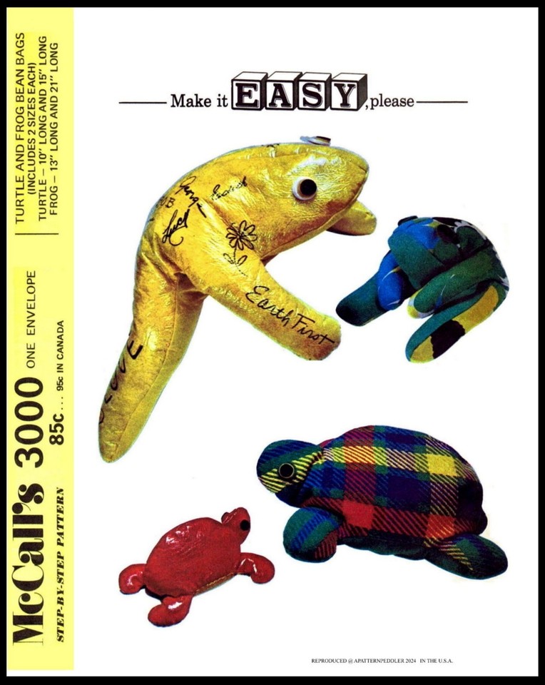 FROG TURTLE BEAN BAGS Sewing Pattern McCall's 3000 Stuffed Animal Toys ...