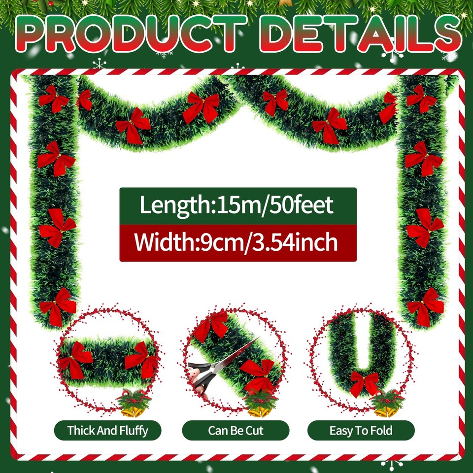 50Ft Christmas Tinsel Garland, Metallic Christmas Tree Garland with 40 ...