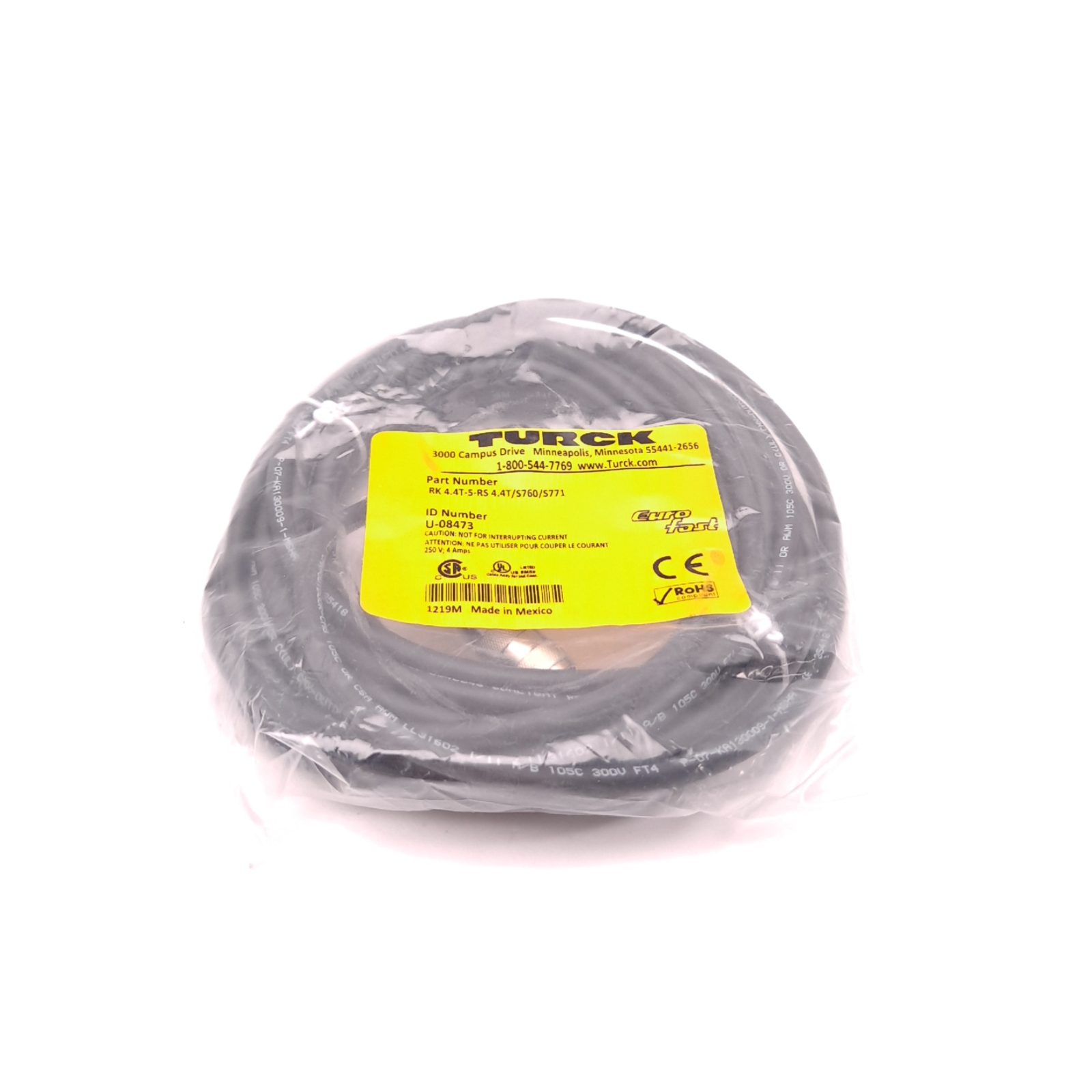 Turck RK 4.4T-5-RS Double Ended Cordset Straight Male 1/2" to Female M8 ...