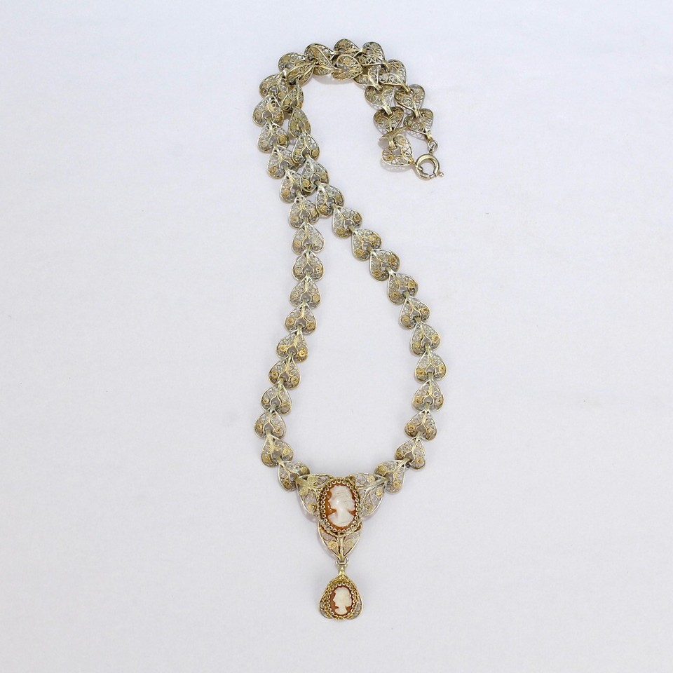 Vintage Victorian Gilt Silver Filigree Heart & Shell Cameo Necklace. | eBay