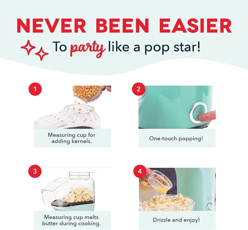 DASH Hot Air Popcorn Popper Maker with Measuring Cup to Portion Popping ...